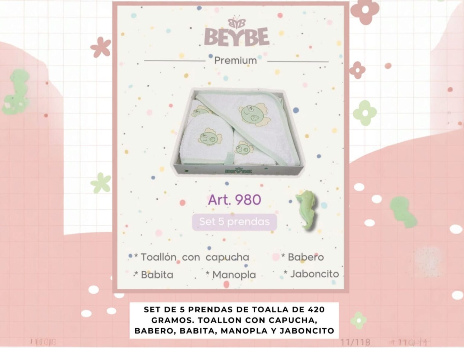 Set en caja de baño Beybe 5 piezas (Toallón, Babero, Babita, Manopla y ...